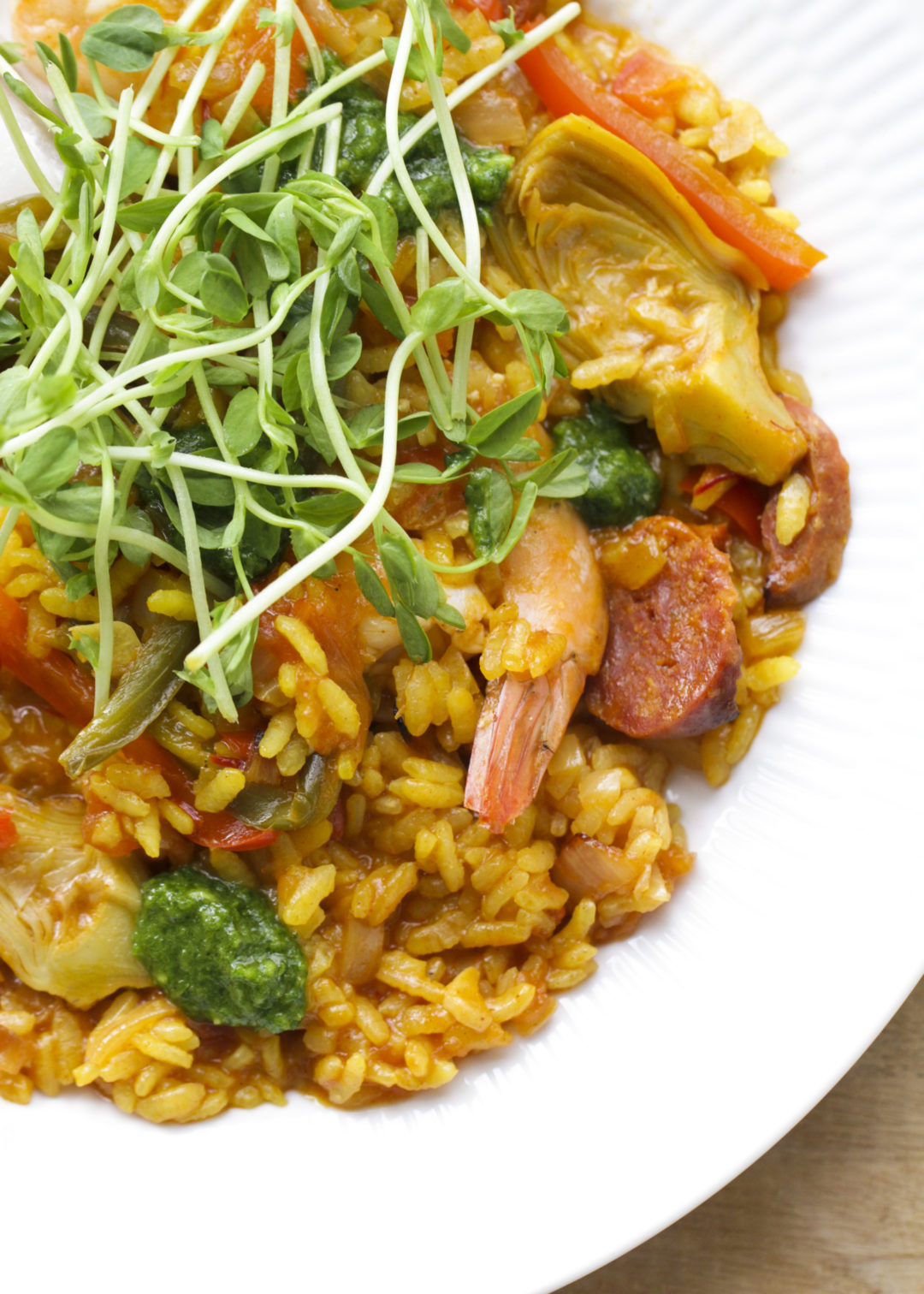 Baked "Paella" with Shrimp, Chorizo and Salsa Verde - Ever Open Sauce