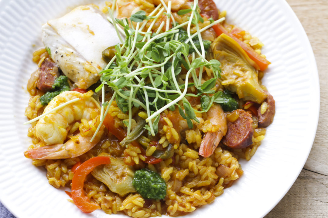 Baked "Paella" with Shrimp, Chorizo and Salsa Verde - Ever Open Sauce